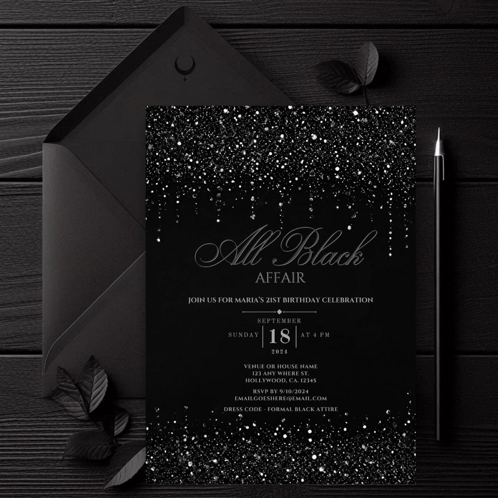 Editable All Black Affair Invitation, All Black Glitter Invite, Formal ...