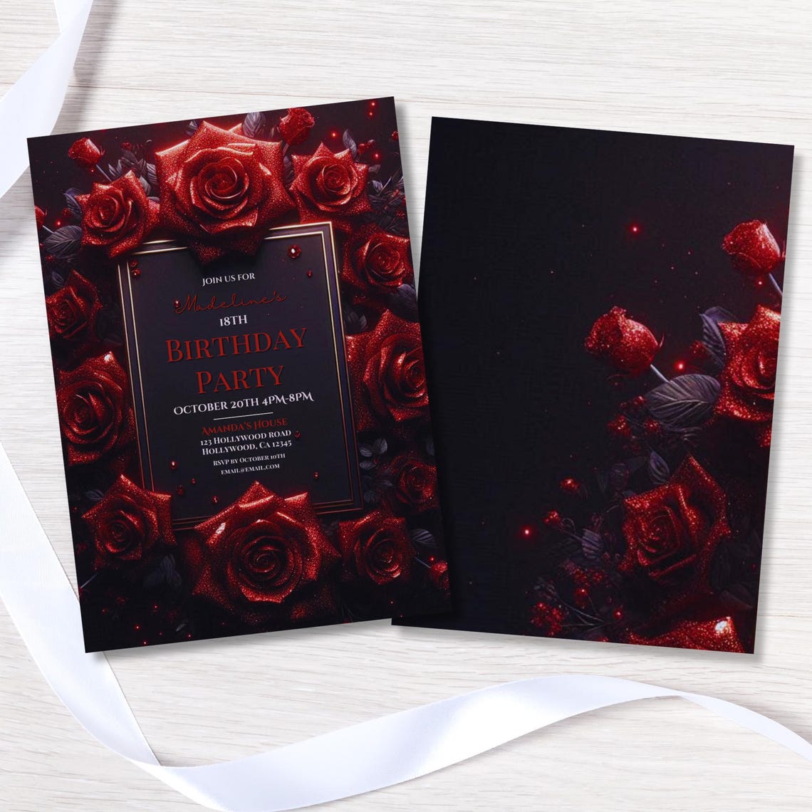 Editable Red and Black Birthday Invitation, Roses Invitation, Red Roses ...