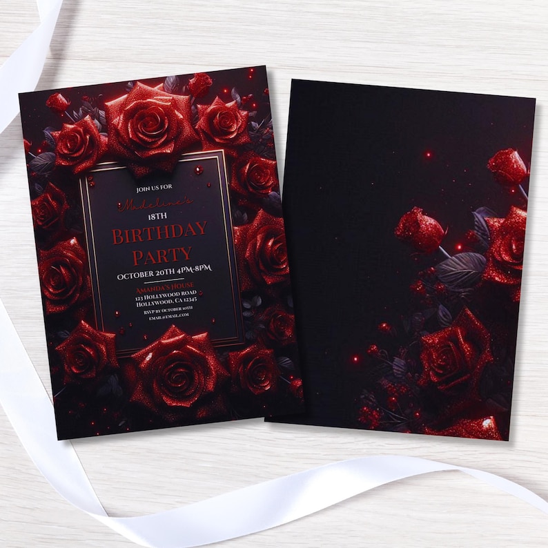Editable Red and Black Birthday Invitation, Roses Invitation, Red Roses ...