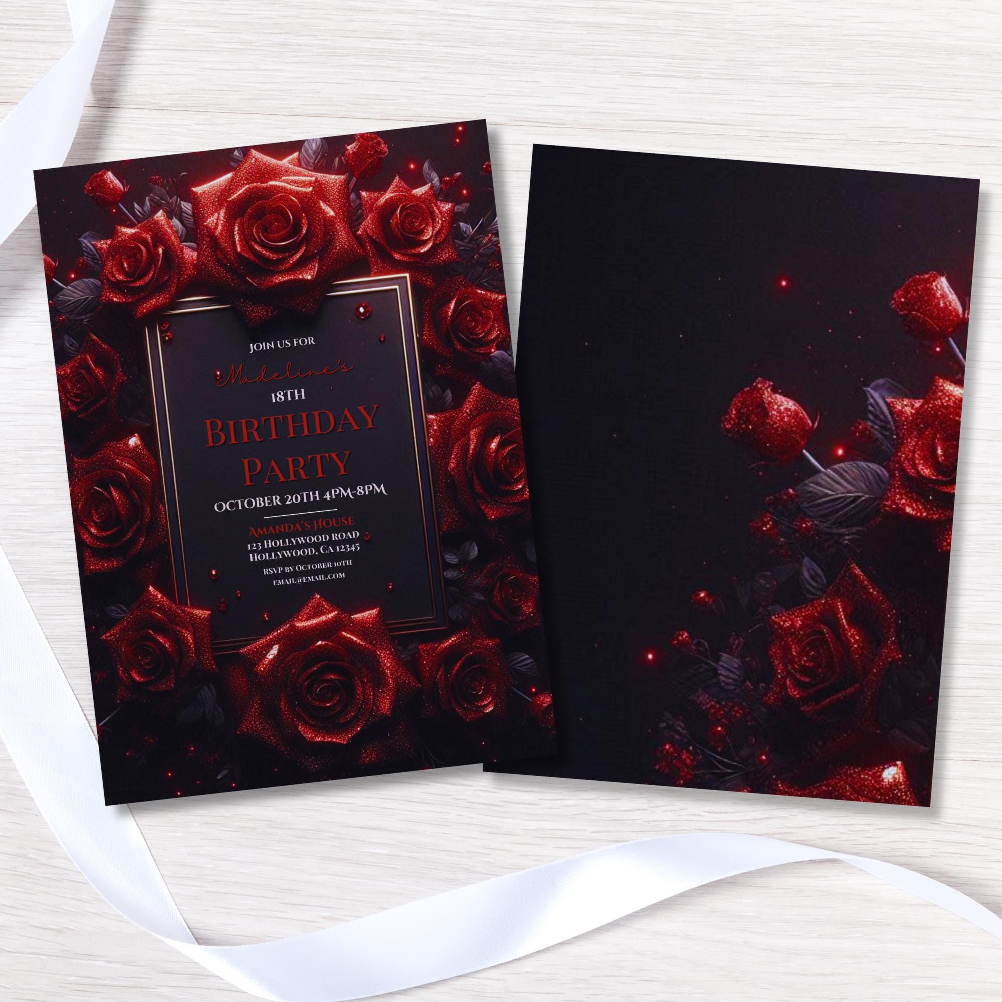 Editable Red and Black Birthday Invitation, Roses Invitation, Red Roses ...