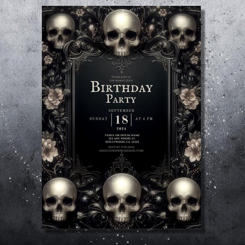 Gothic Birthday Invitation, Floral Skull Vintage Invitation, Skulls and ...