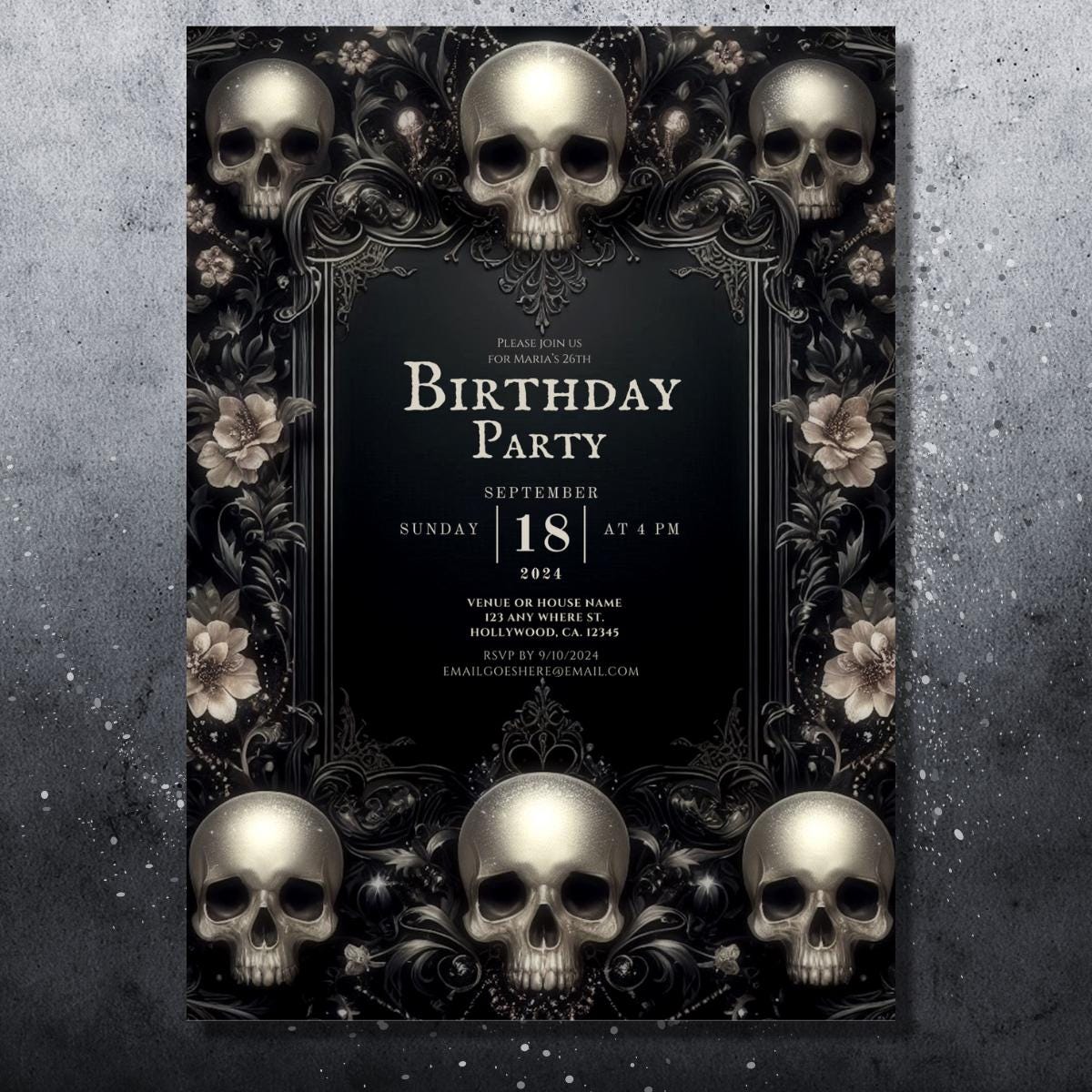 Gothic Birthday Invitation, Floral Skull Vintage Invitation, Skulls and ...