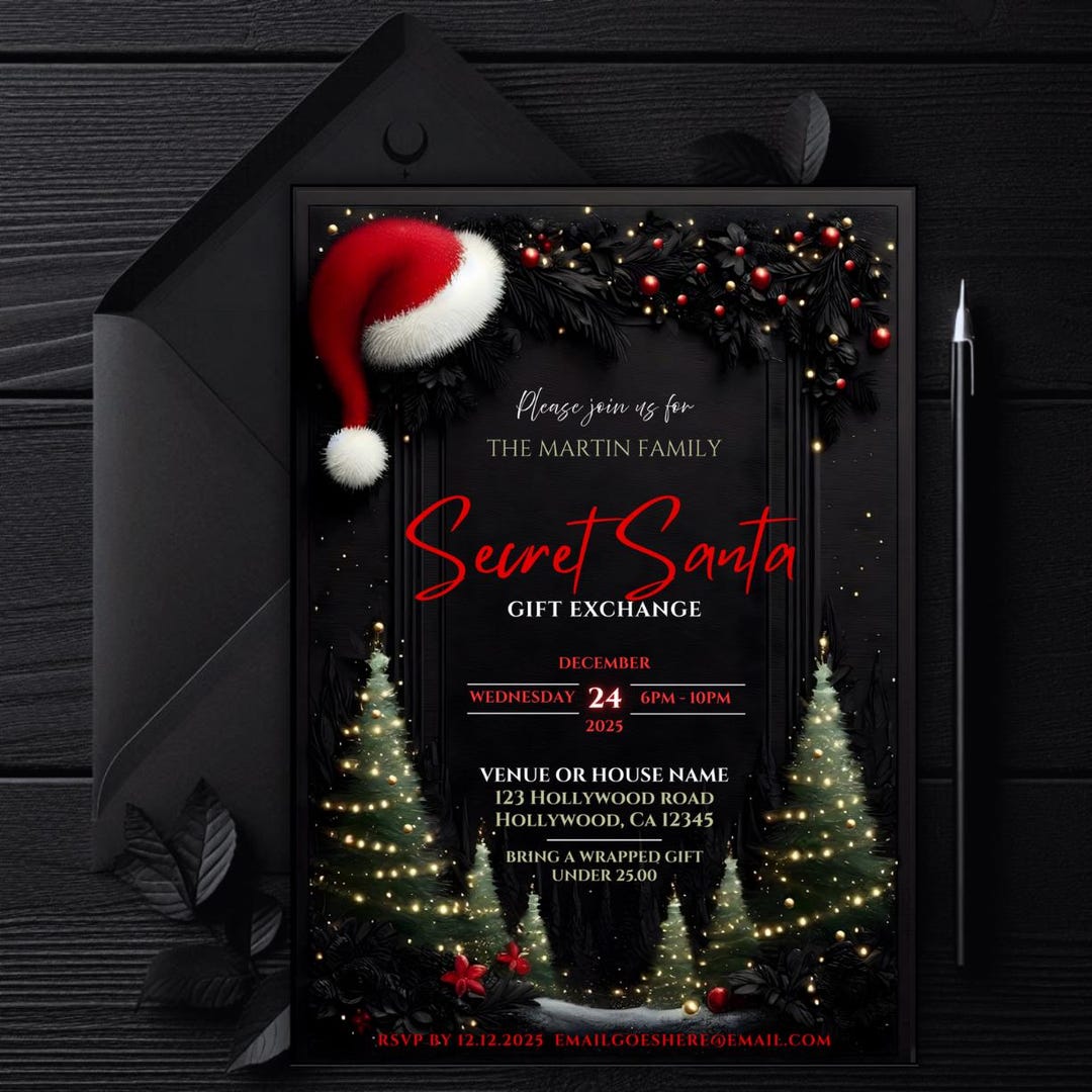 Editable Secret Santa Invitation | Black & Red Christmas Party Invite ...