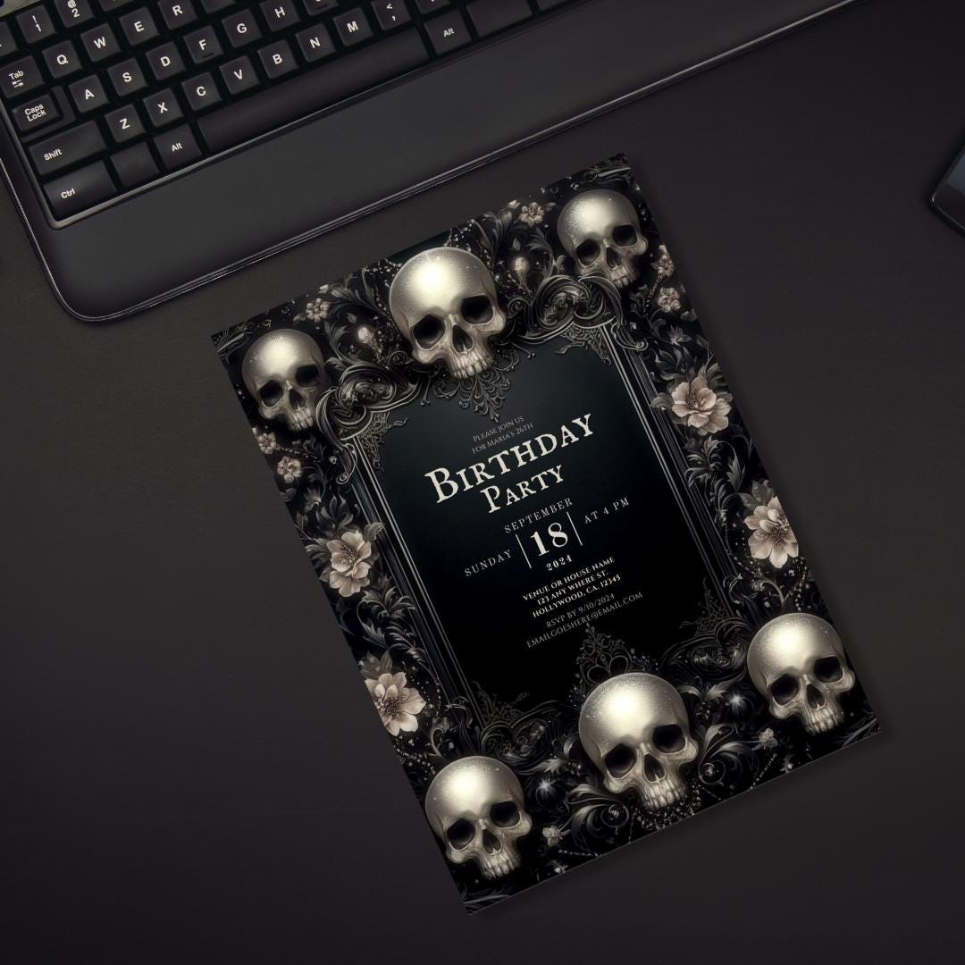 Gothic Birthday Invitation, Floral Skull Vintage Invitation, Skulls and ...