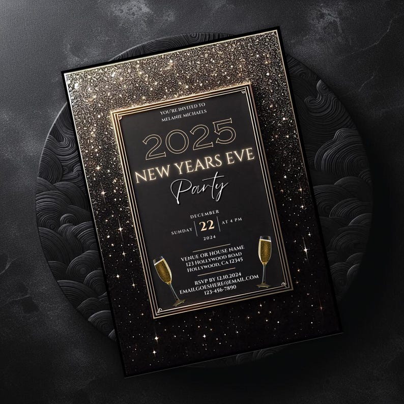 Editable New Years Eve Party Invitation | Elegant Gold Glitter New Years Invite | 5x7 Digital ...