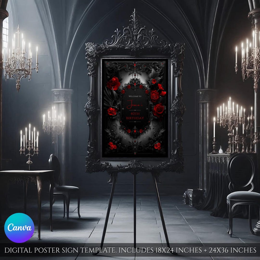 Printable Black and Red Gothic Floral Party Signs, Digital Red Black ...