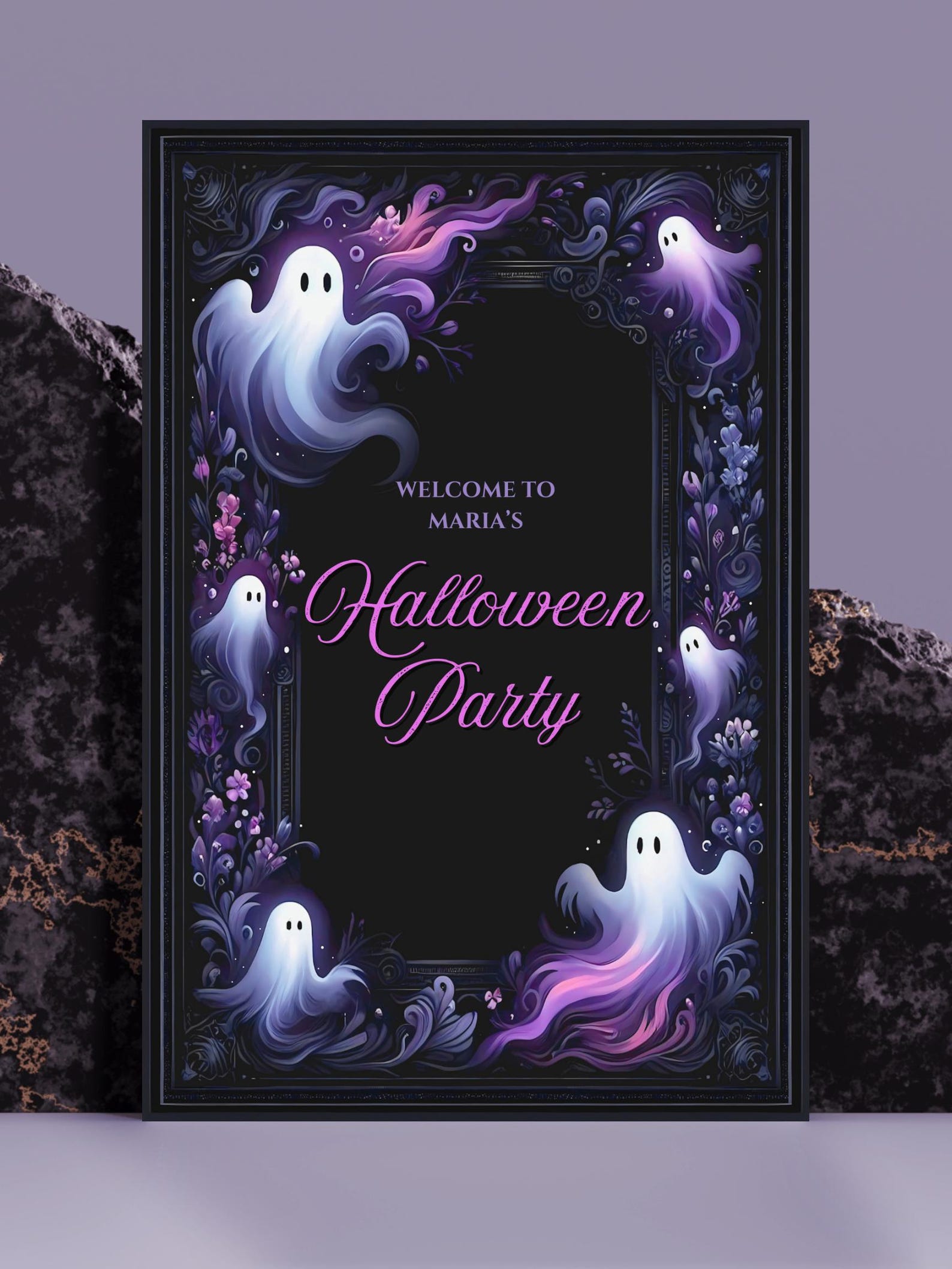 Editable Halloween Sign, Digital Pink and Purple Ghosts Poster, Dark ...