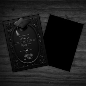Editable All Black Graduation Party Invitation, Printable Dark ...