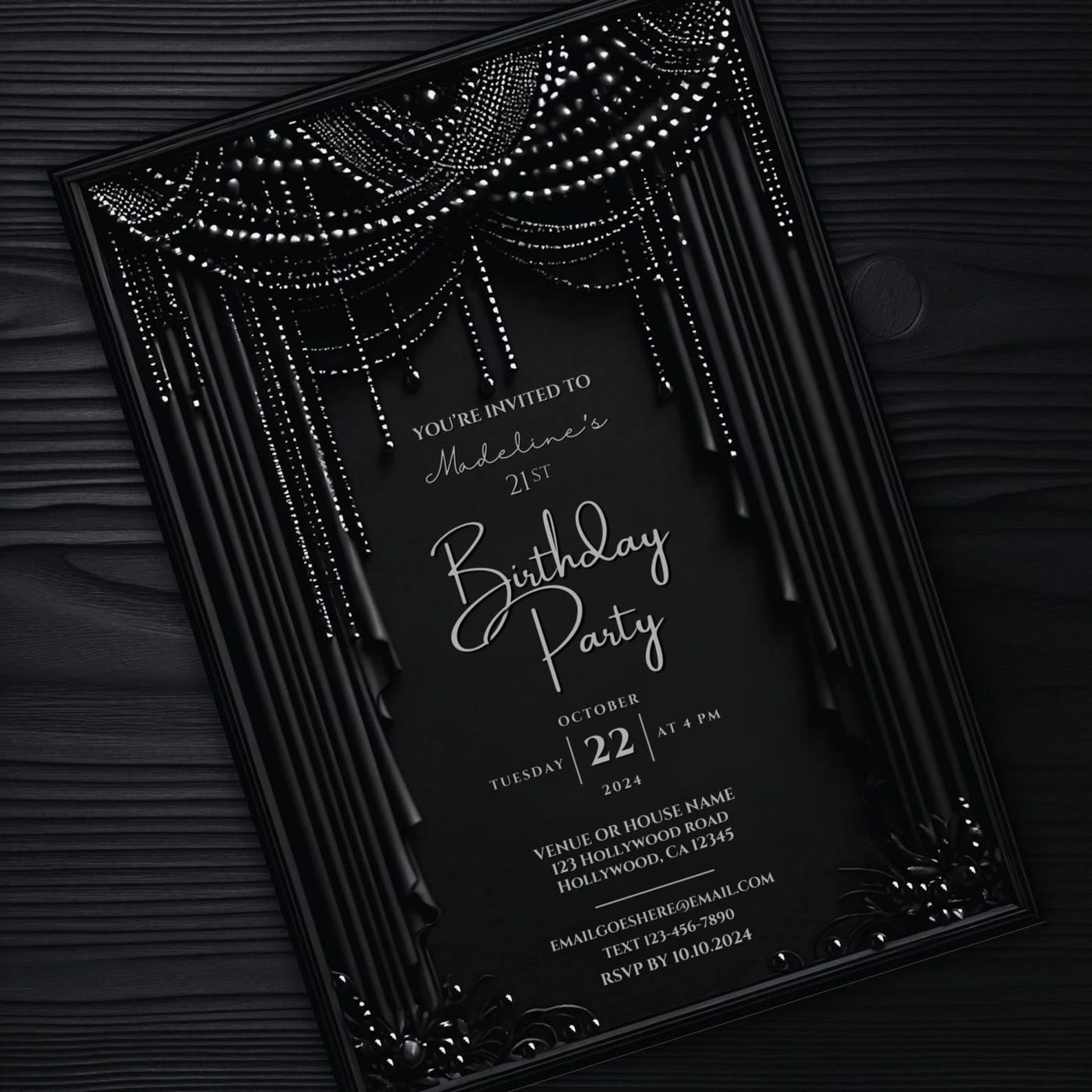 Editable Luxury Dark Birthday Invitation Template, Modern Black Elegant ...