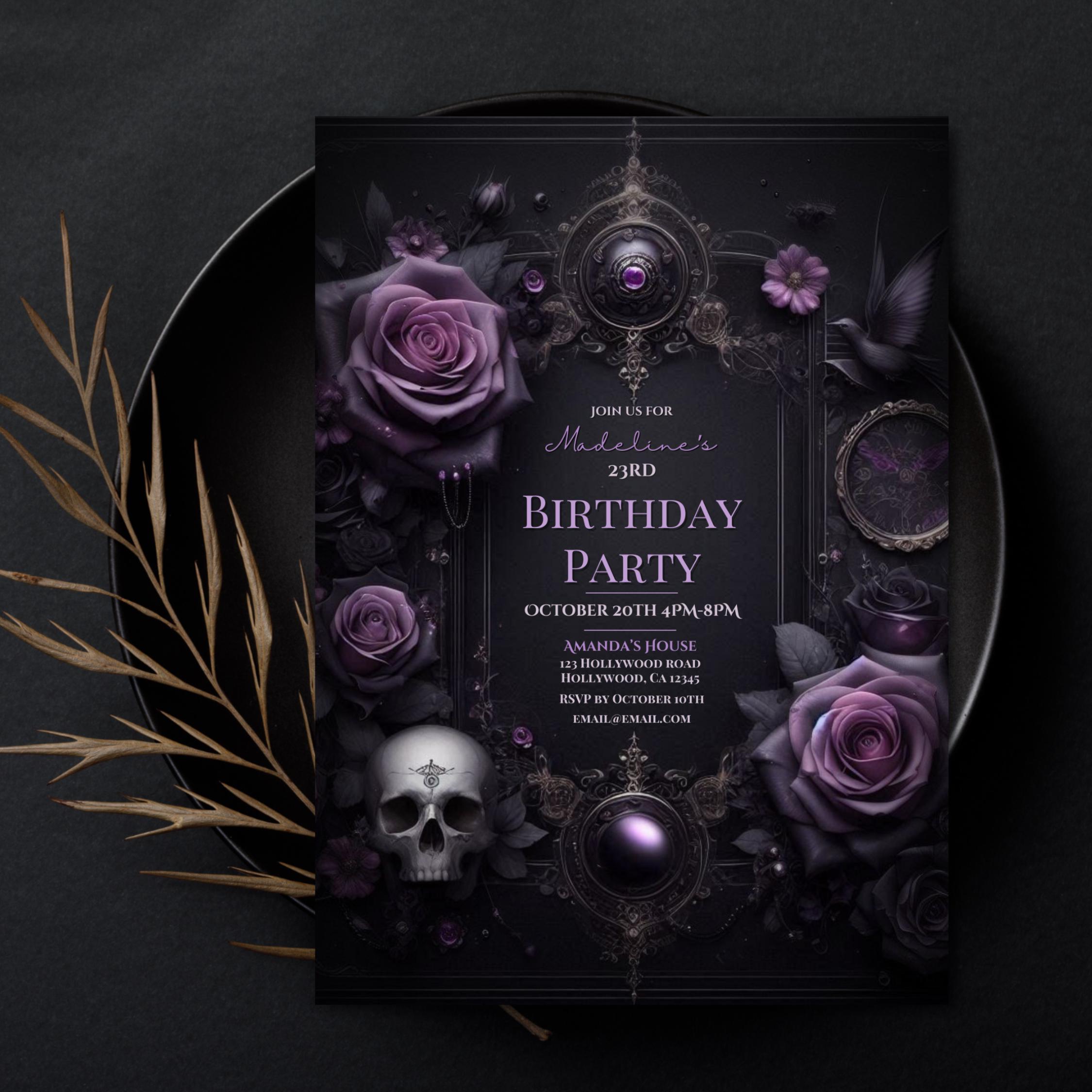 Black and Purple Gothic Floral Invitation, Gothic Birthday, Skull ...