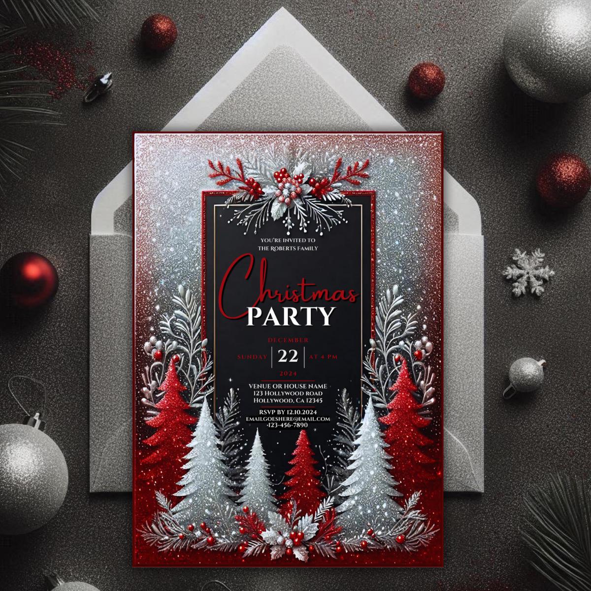 Editable Sparkling Christmas Party Invitation, Printable 5x7 Xmas Trees ...
