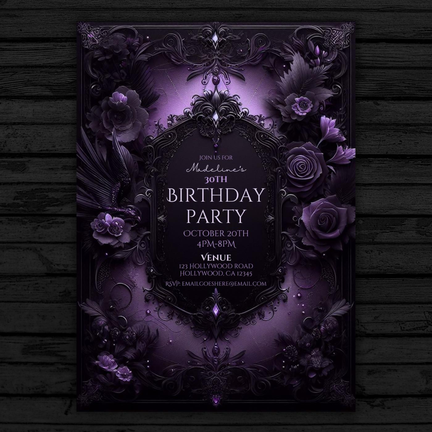Black and Purple Gothic Floral Invitation, Gothic Birthday ...