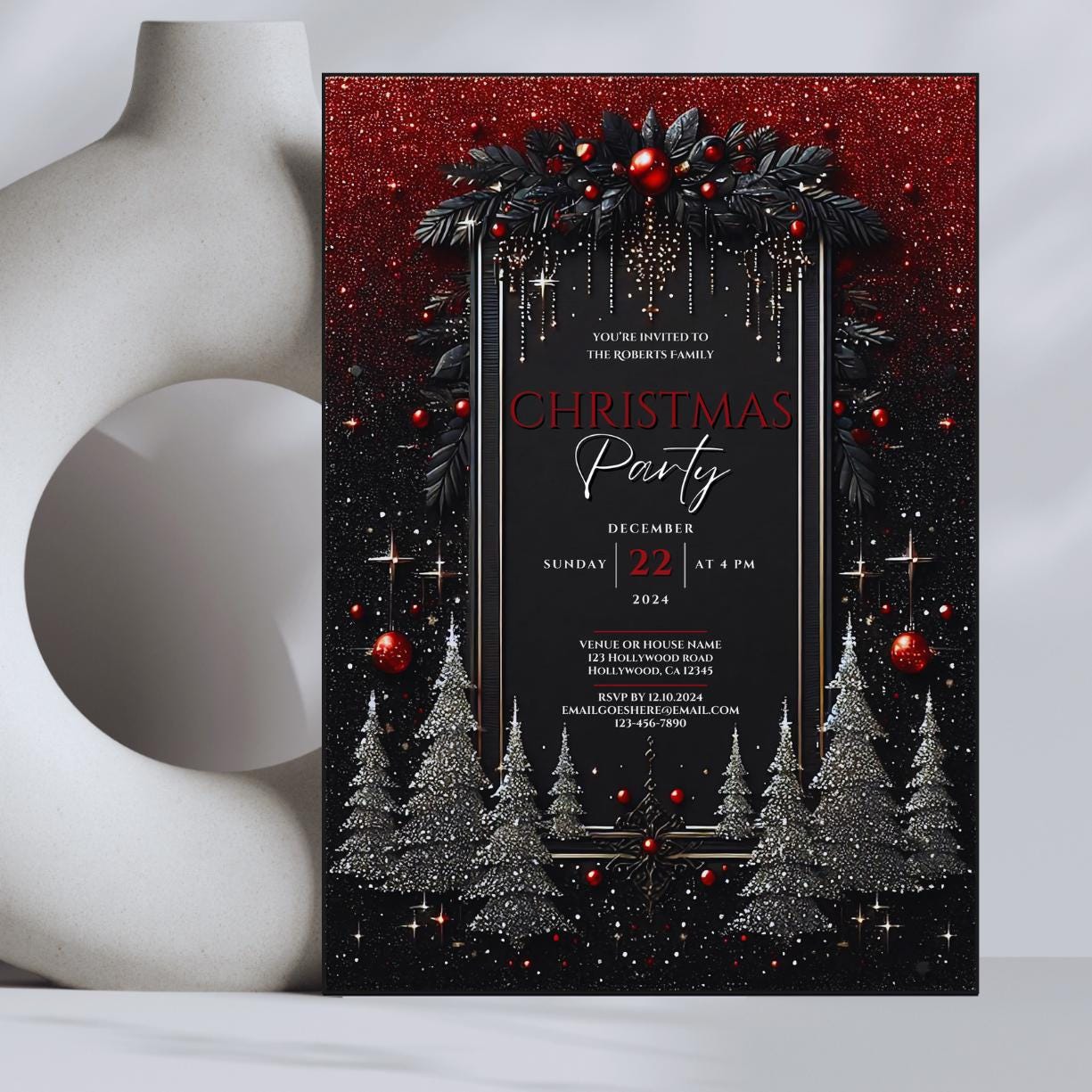 Editable Gothic Christmas Party Invitation, Red and Black Xmas Party ...
