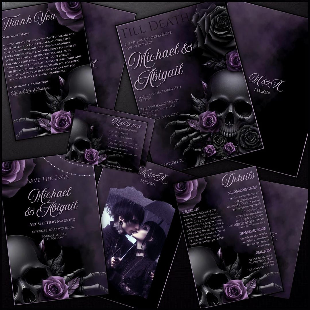 Editable Gothic Wedding Suite, Black and Purple Invitation Set, Dark ...