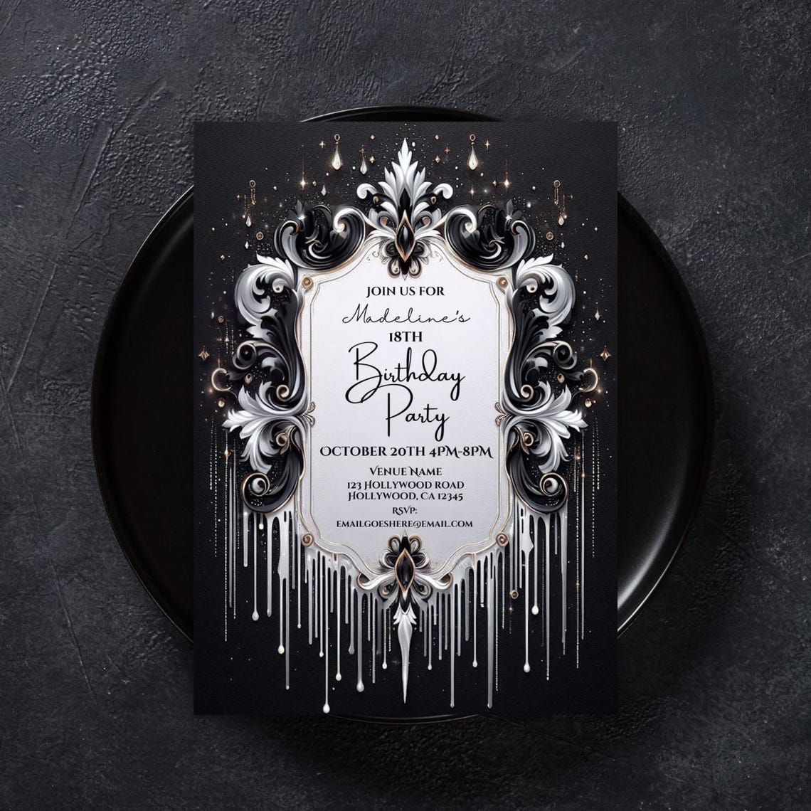 Formal Black and White Birthday Party Invite, Elegant Black & Silver ...