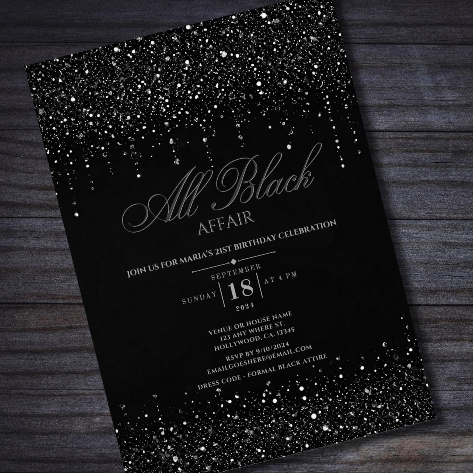 Editable All Black Affair Invitation, All Black Glitter Invite, Formal ...