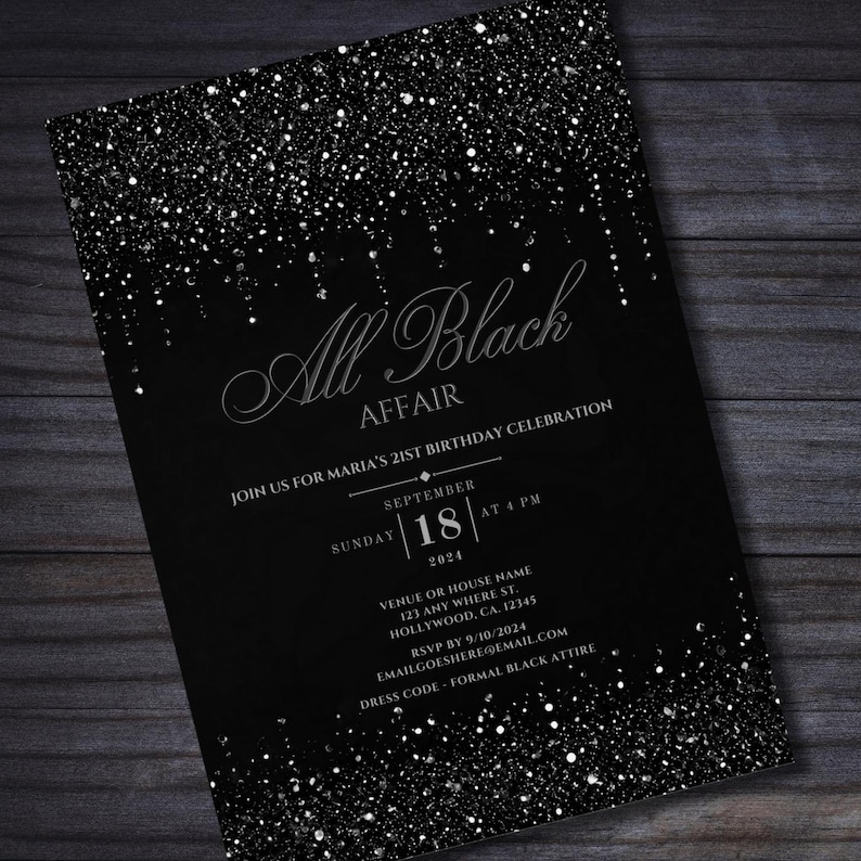 Editable All Black Affair Invitation, All Black Glitter Invite, Formal ...
