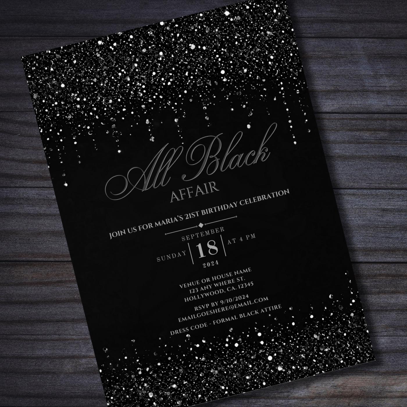 Editable All Black Affair Invitation, All Black Glitter Invite, Formal ...