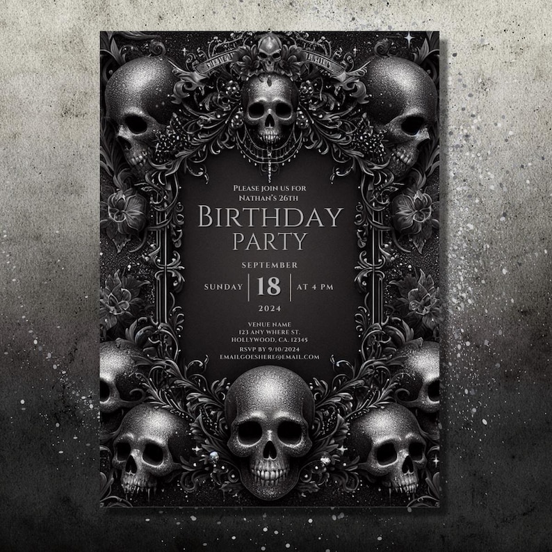 Dark Elegant Skull Birthday Party Invitation | Dark Gothic Invite ...