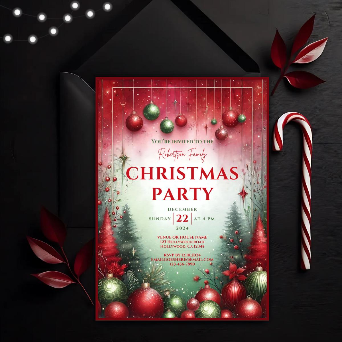 Editable Red & Green Watercolor Christmas Party Invitation, 5x7 ...