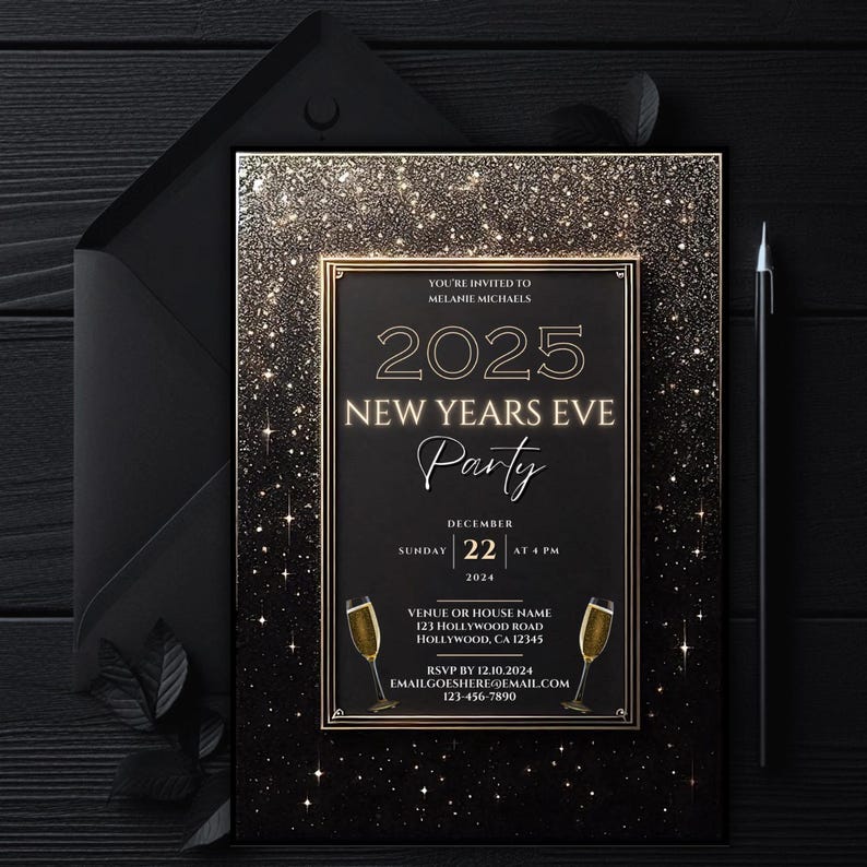 Editable New Years Eve Party Invitation | Elegant Gold Glitter New Years Invite | 5x7 Digital ...