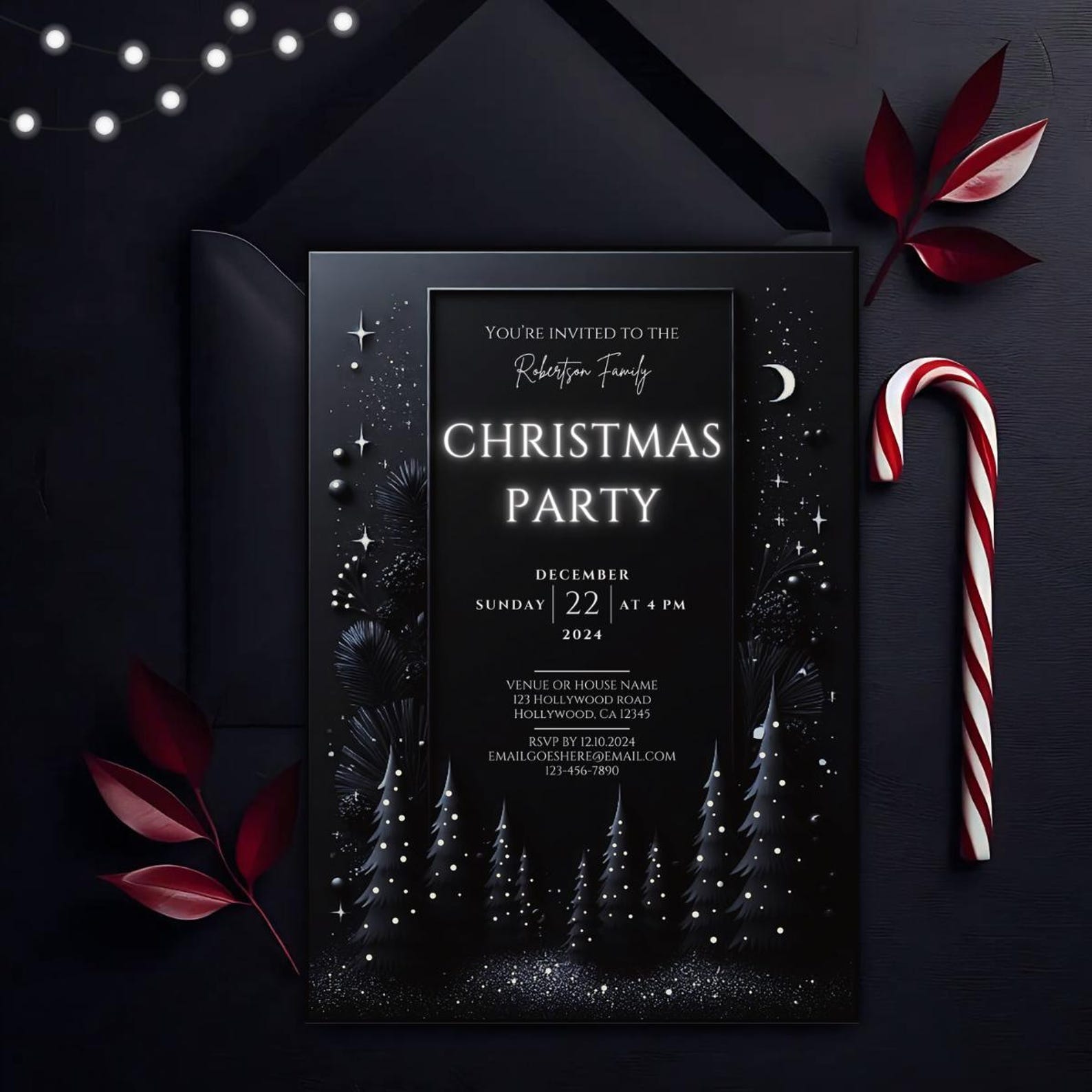 Editable Dark Festive Christmas Party Invitation, Black Elegant Gothic ...