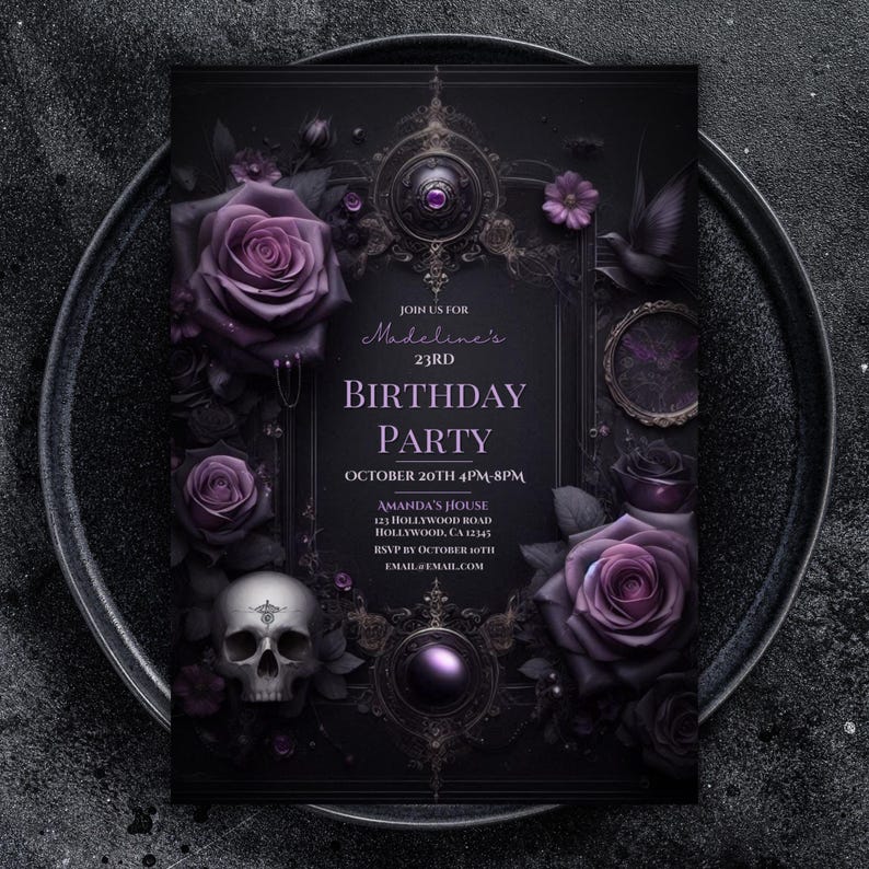 Black and Purple Gothic Floral Invitation, Gothic Birthday, Skull ...