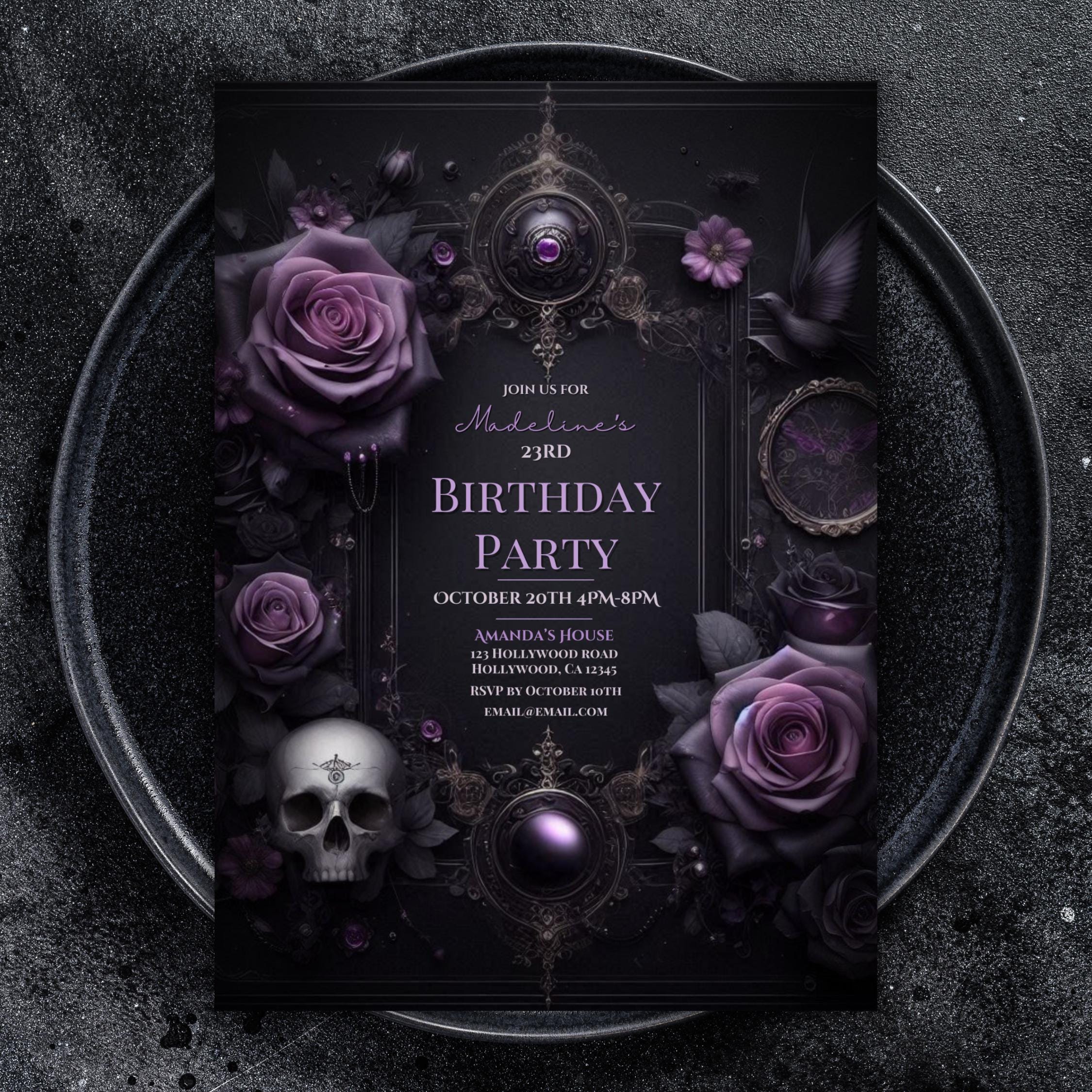 Black and Purple Gothic Floral Invitation, Gothic Birthday, Skull ...