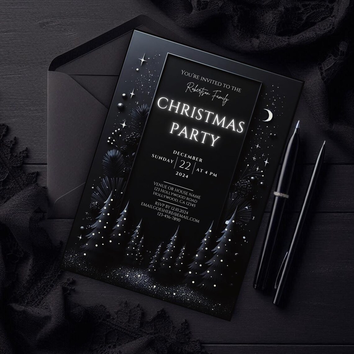 Editable Dark Festive Christmas Party Invitation, Black Elegant Gothic ...