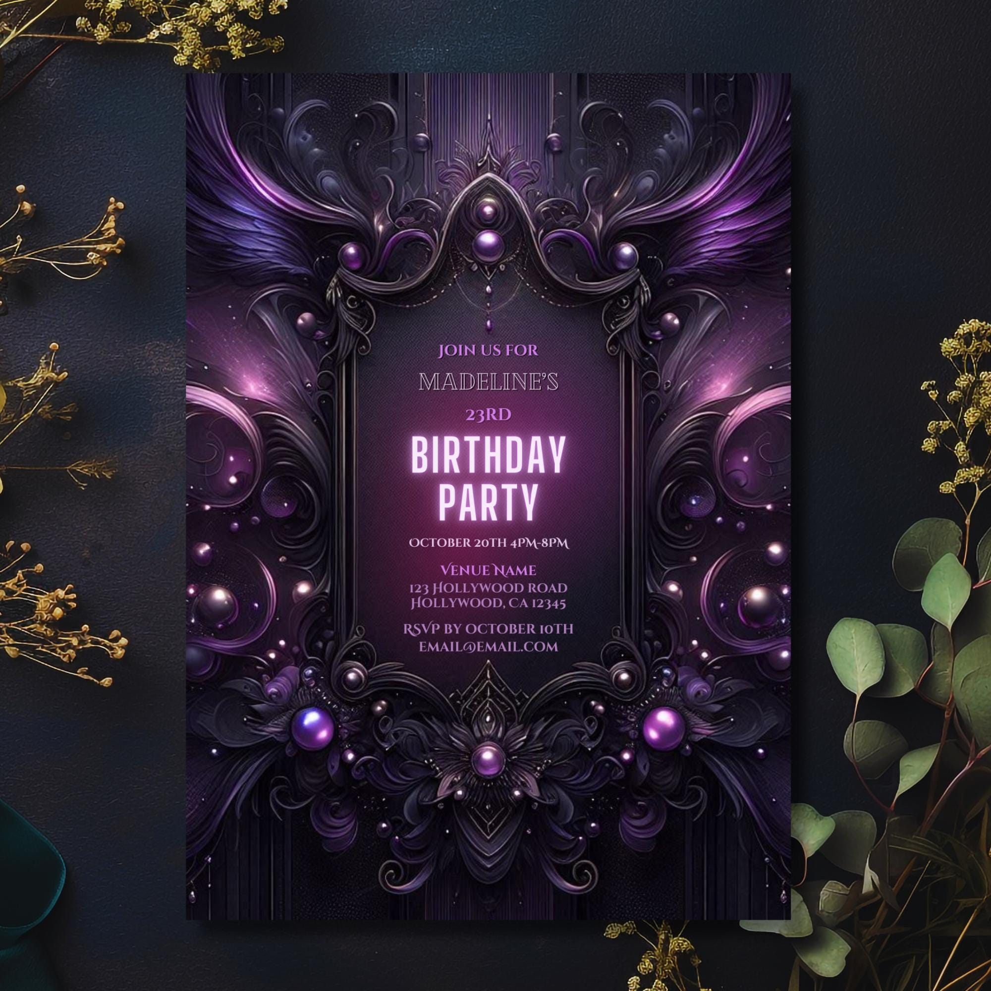 Black Pink and Purple Celestial Birthday Party Invite, Dark Fantasy ...