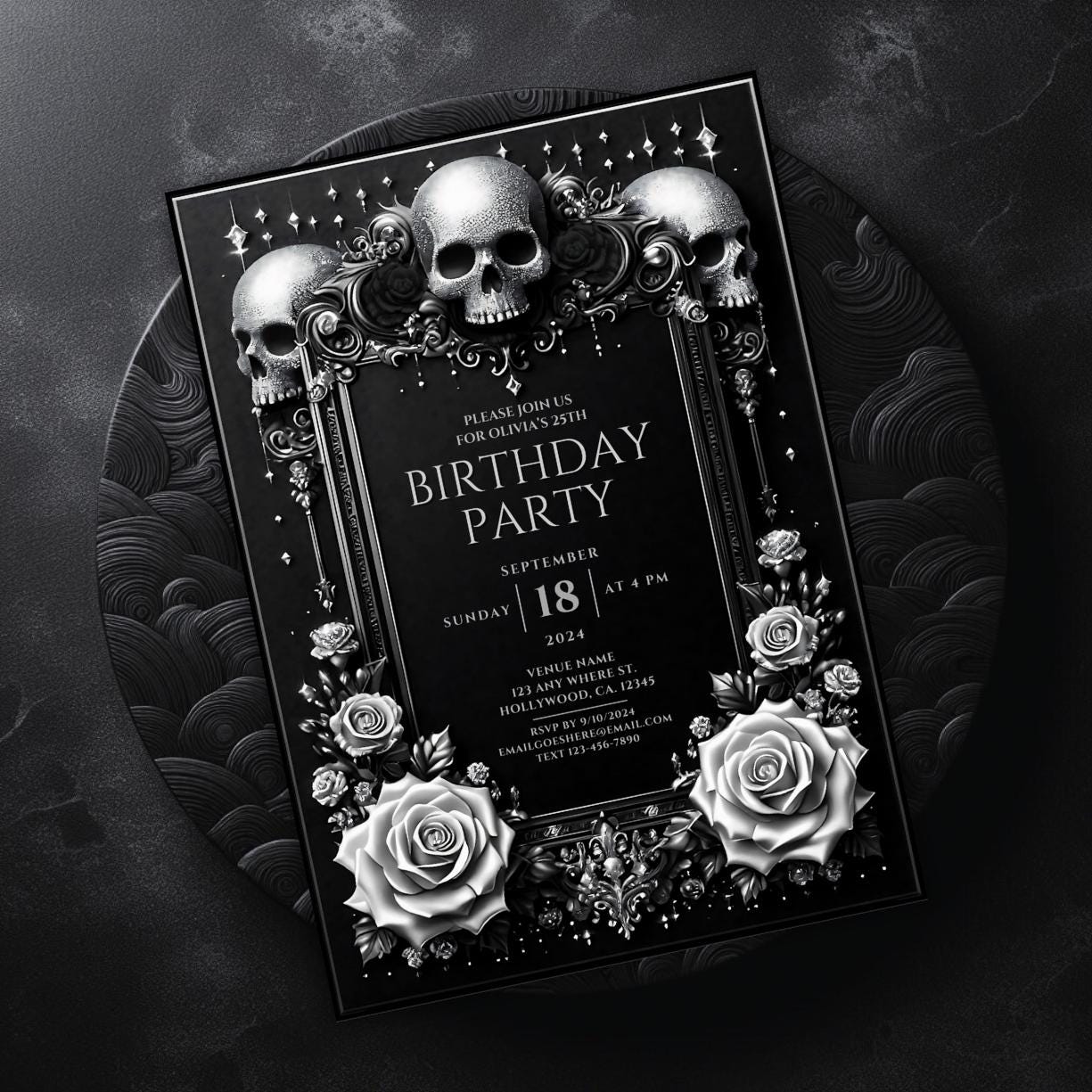 Editable Dark Skulls and Roses Birthday Party Invitation, Gothic Skulls ...