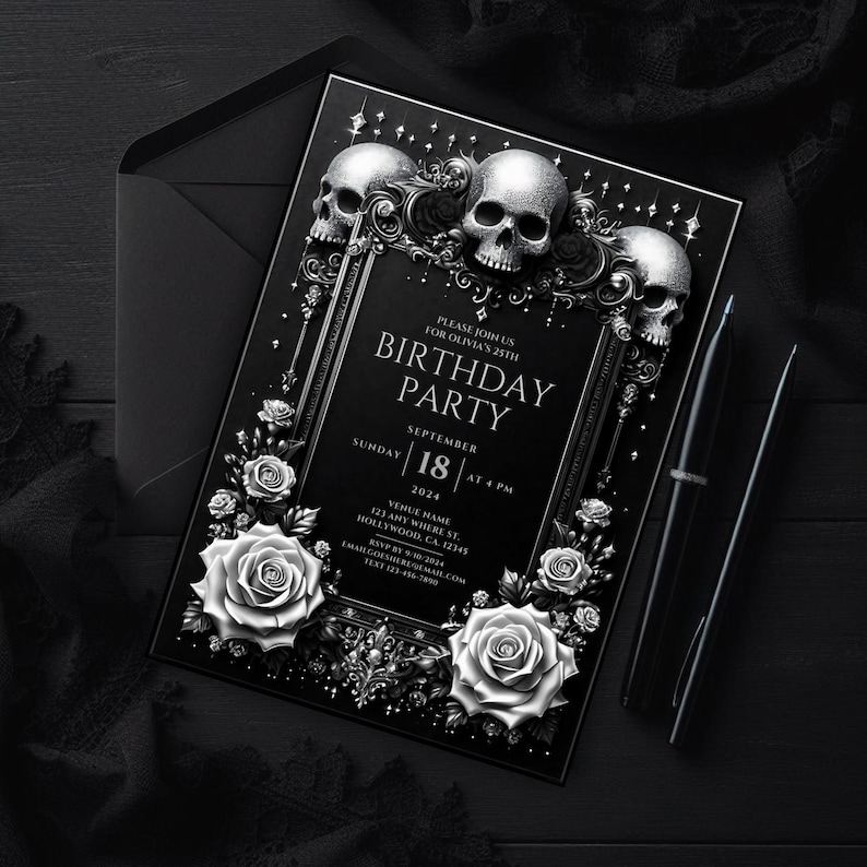 Editable Dark Skulls and Roses Birthday Party Invitation, Gothic Skulls ...