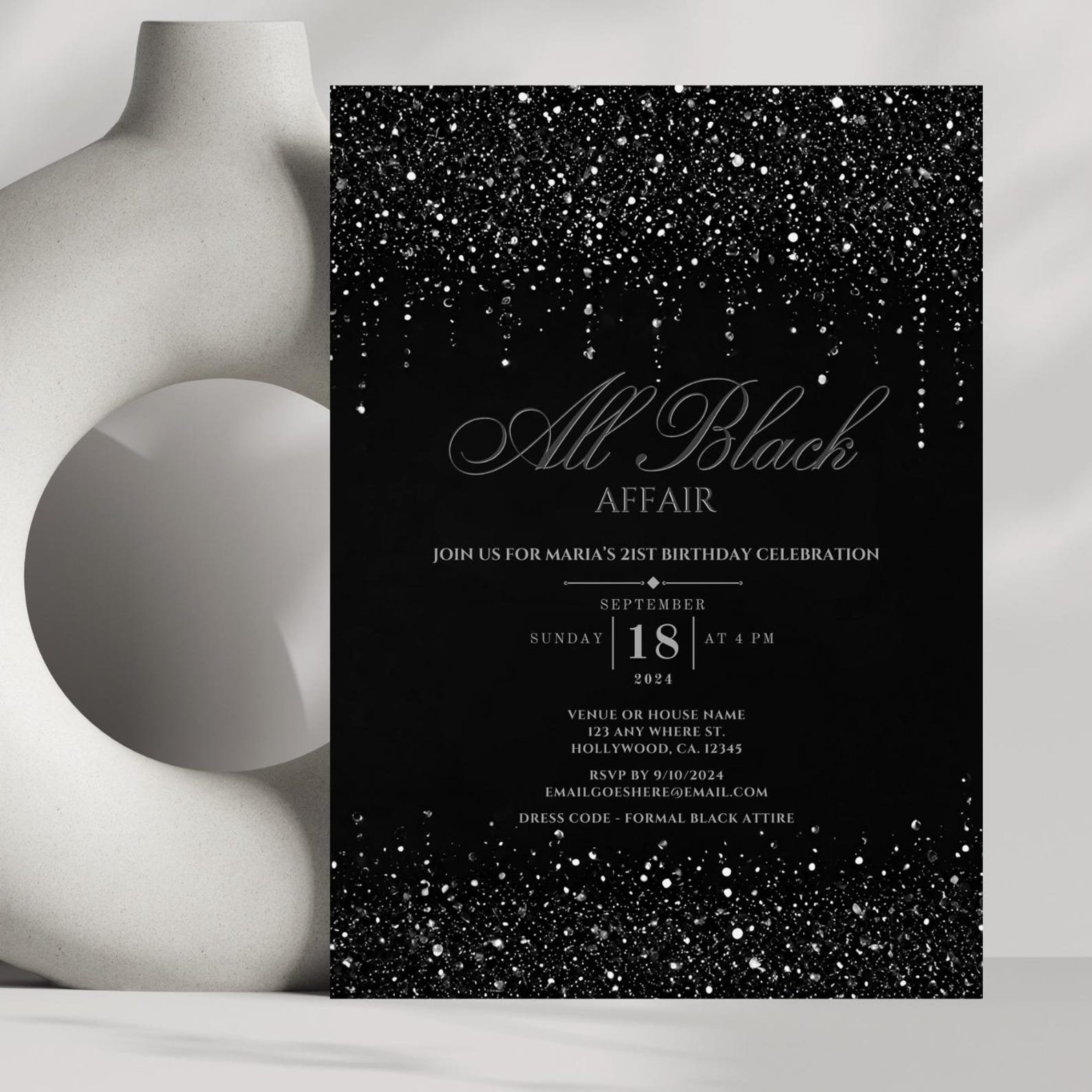 Editable All Black Affair Invitation, All Black Glitter Invite, Formal ...