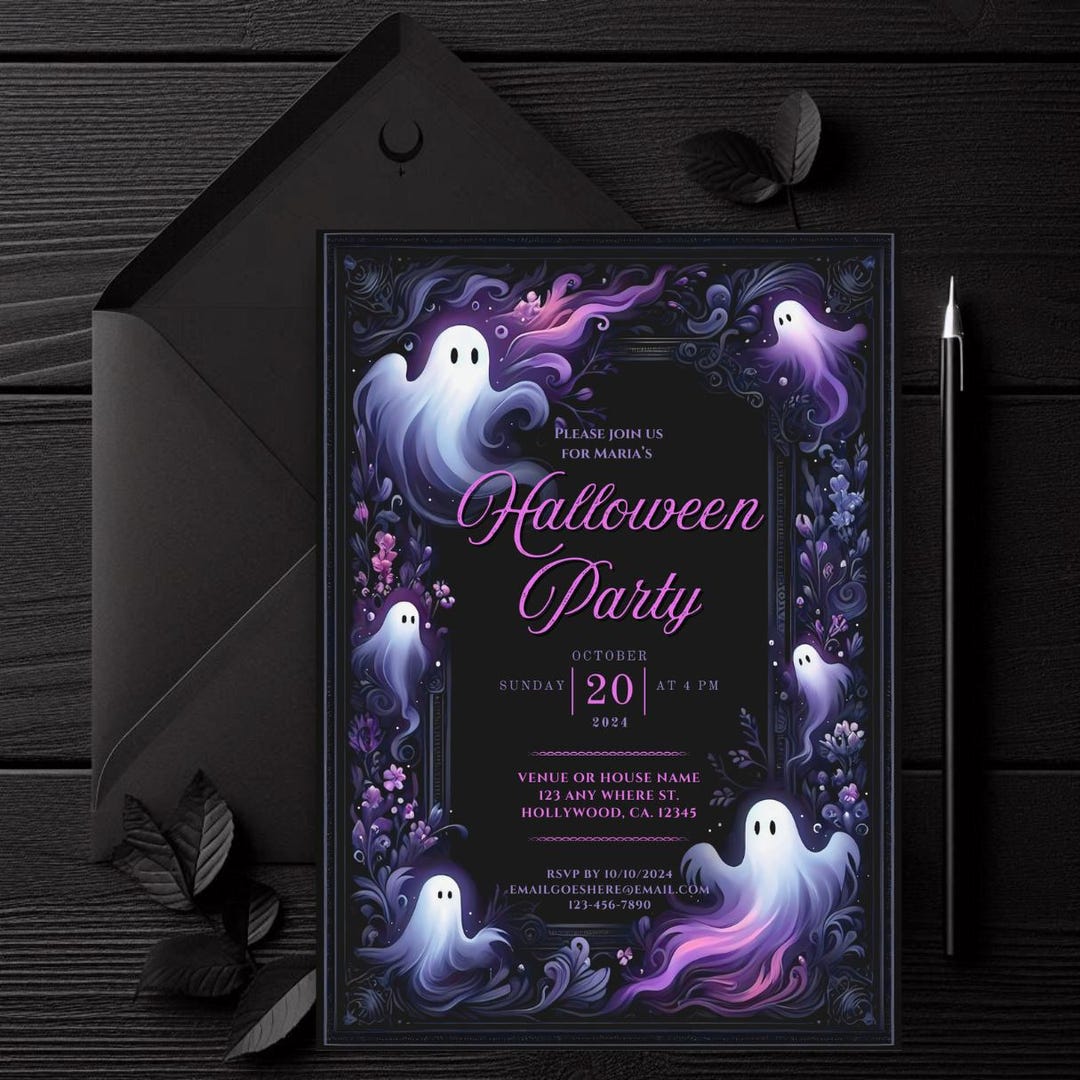 Editable Halloween Party Invite, Pink and Purple Ghosts Invitation ...