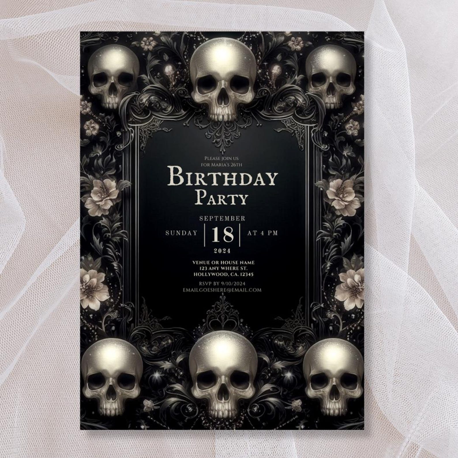 Gothic Birthday Invitation, Floral Skull Vintage Invitation, Skulls and ...