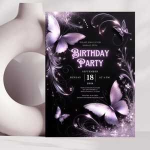 Purple and Black Floral Butterfly Birthday Party Invitation | Purple ...