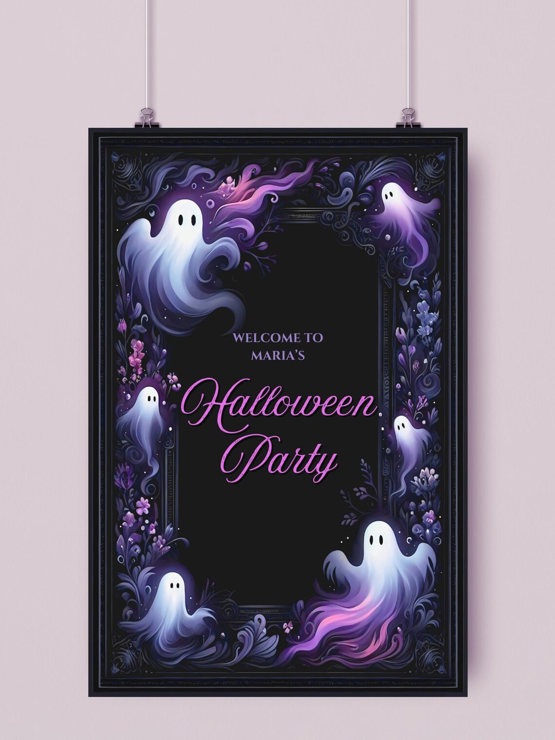 Editable Halloween Sign, Digital Pink and Purple Ghosts Poster, Dark ...
