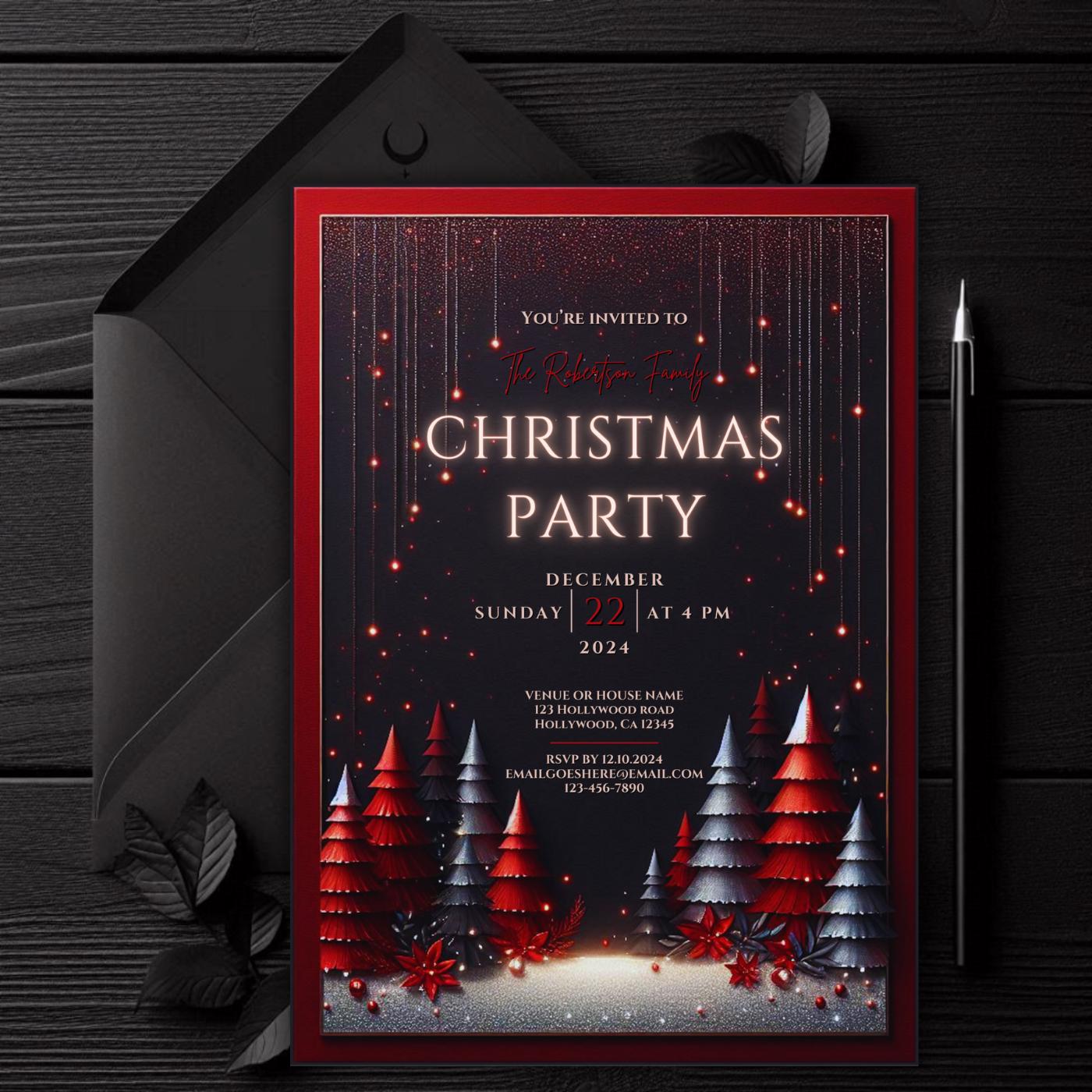 Editable Elegant Red Christmas Party Invitation, Christmas Trees Winter ...