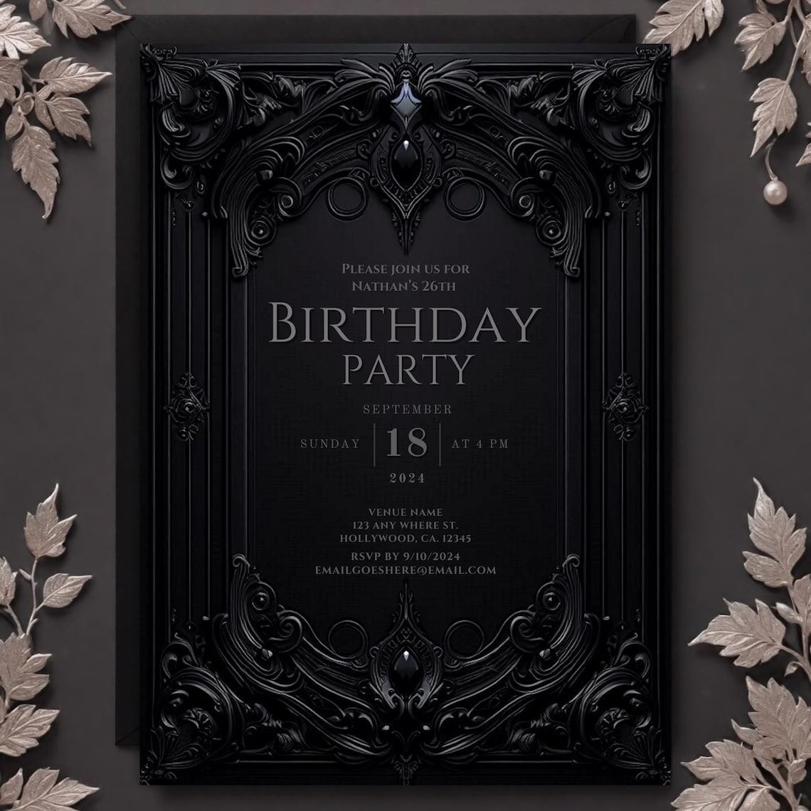 Dark Gothic Birthday Invitation, Black Party Invite, All Black ...