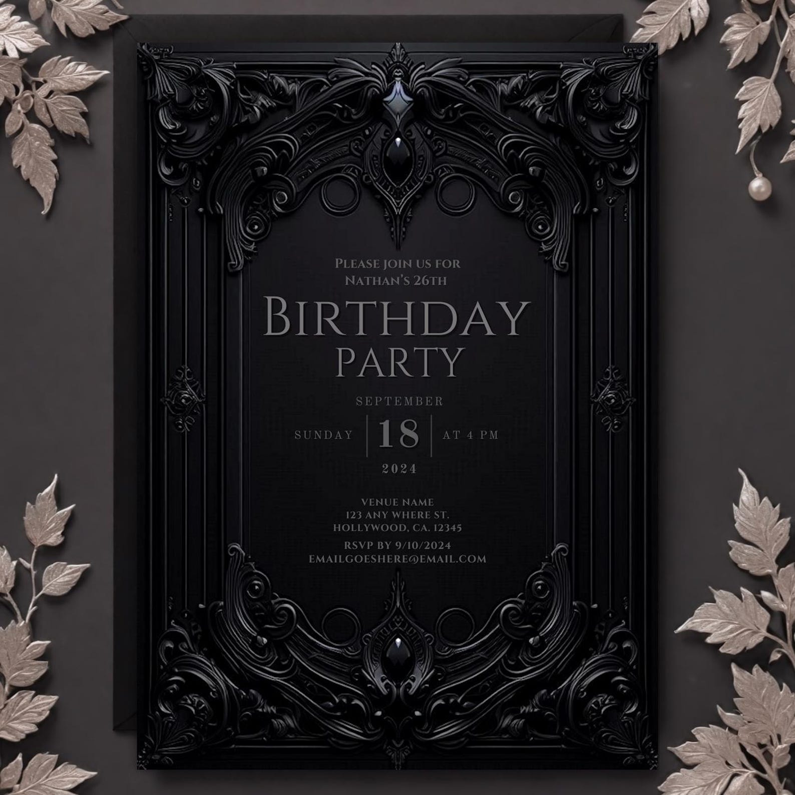 Dark Gothic Birthday Invitation, Black Party Invite, All Black ...