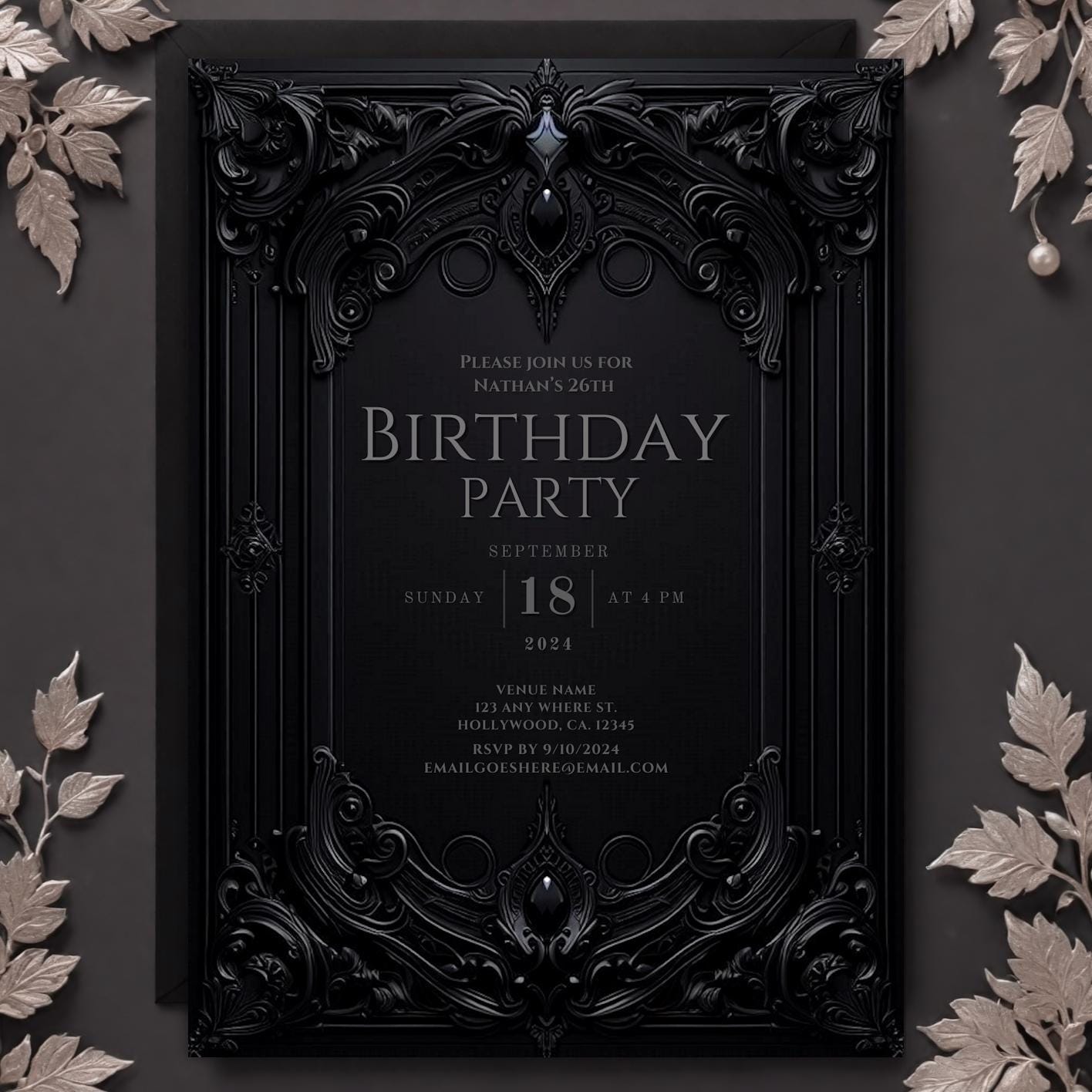 Dark Gothic Birthday Invitation, Black Party Invite, All Black ...