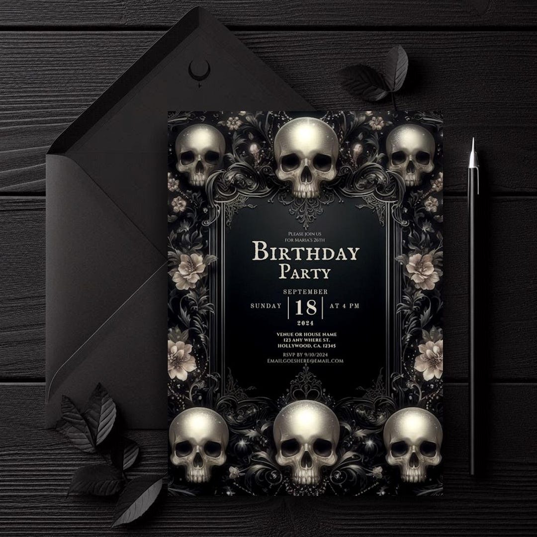Gothic Birthday Invitation, Floral Skull Vintage Invitation, Skulls and ...