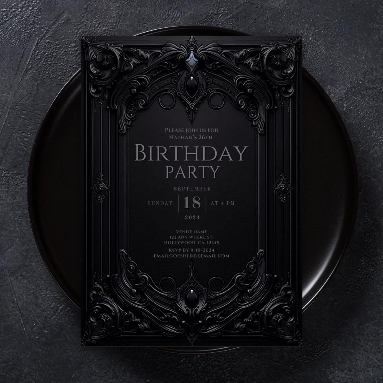 Dark Gothic Birthday Invitation, Black Party Invite, All Black ...