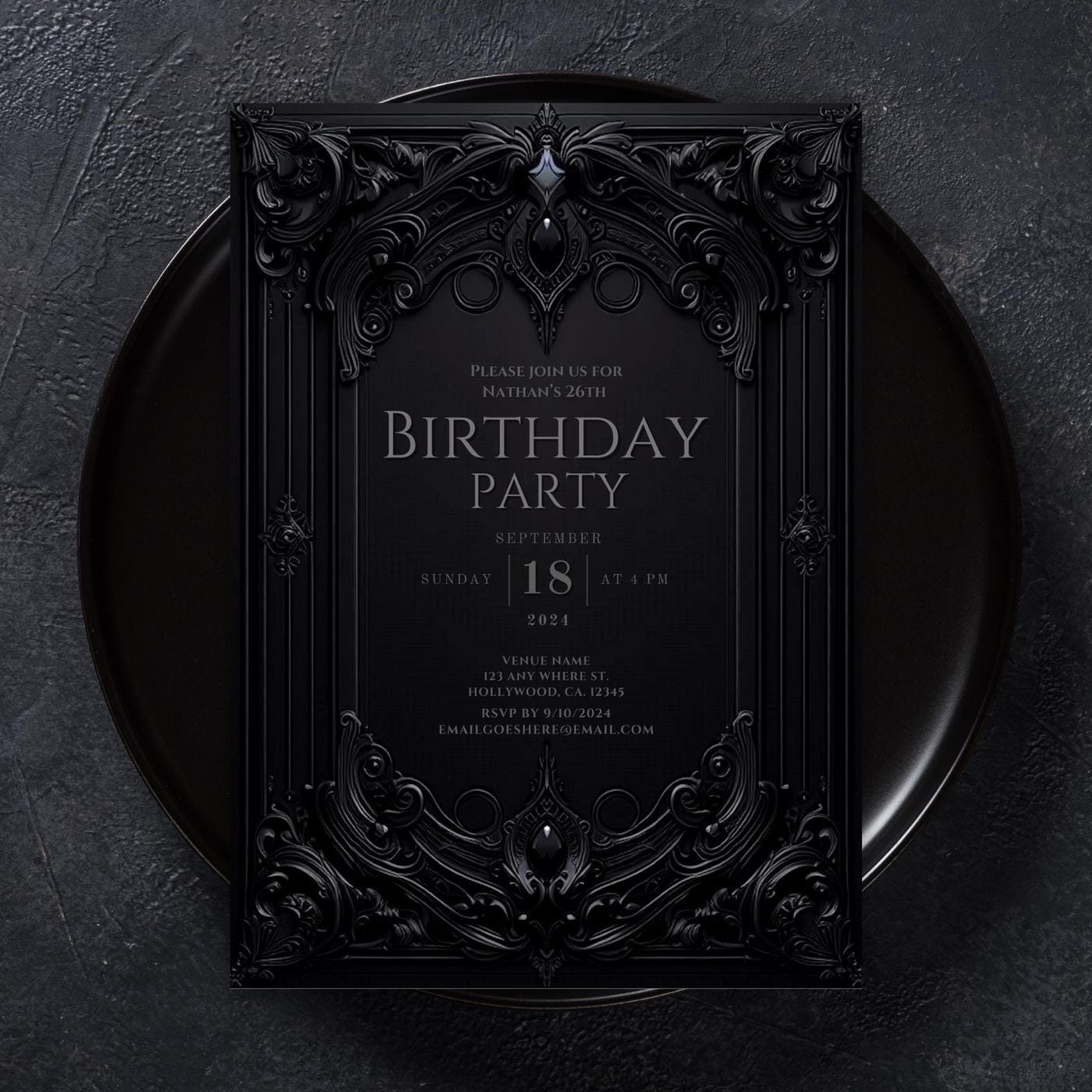 Dark Gothic Birthday Invitation, Black Party Invite, All Black ...