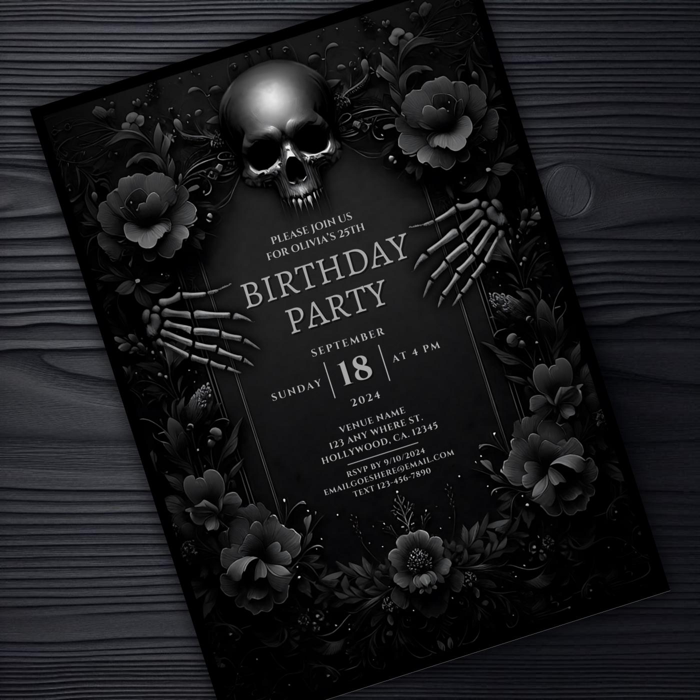 Editable Gothic Skeleton Birthday Invite, Floral Skull Invitation, All ...