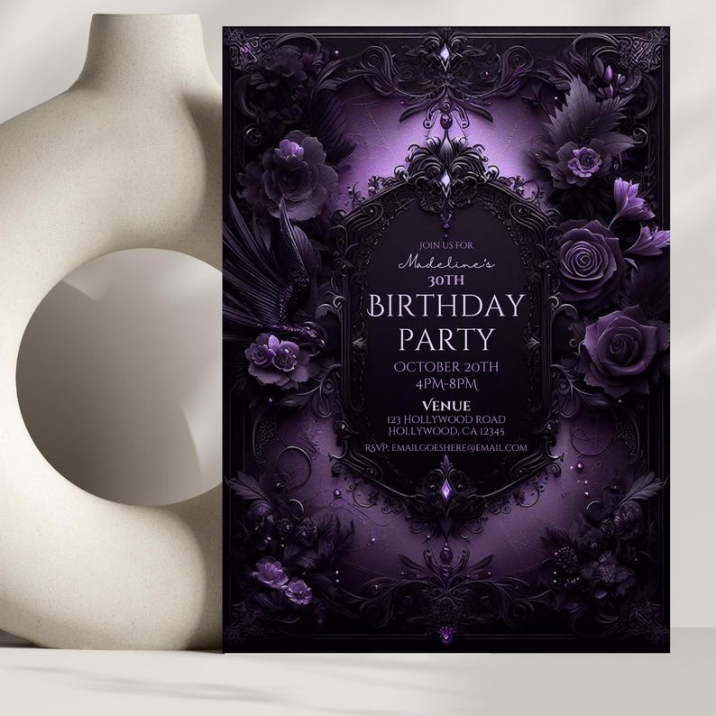 Black and Purple Gothic Floral Invitation, Gothic Birthday ...