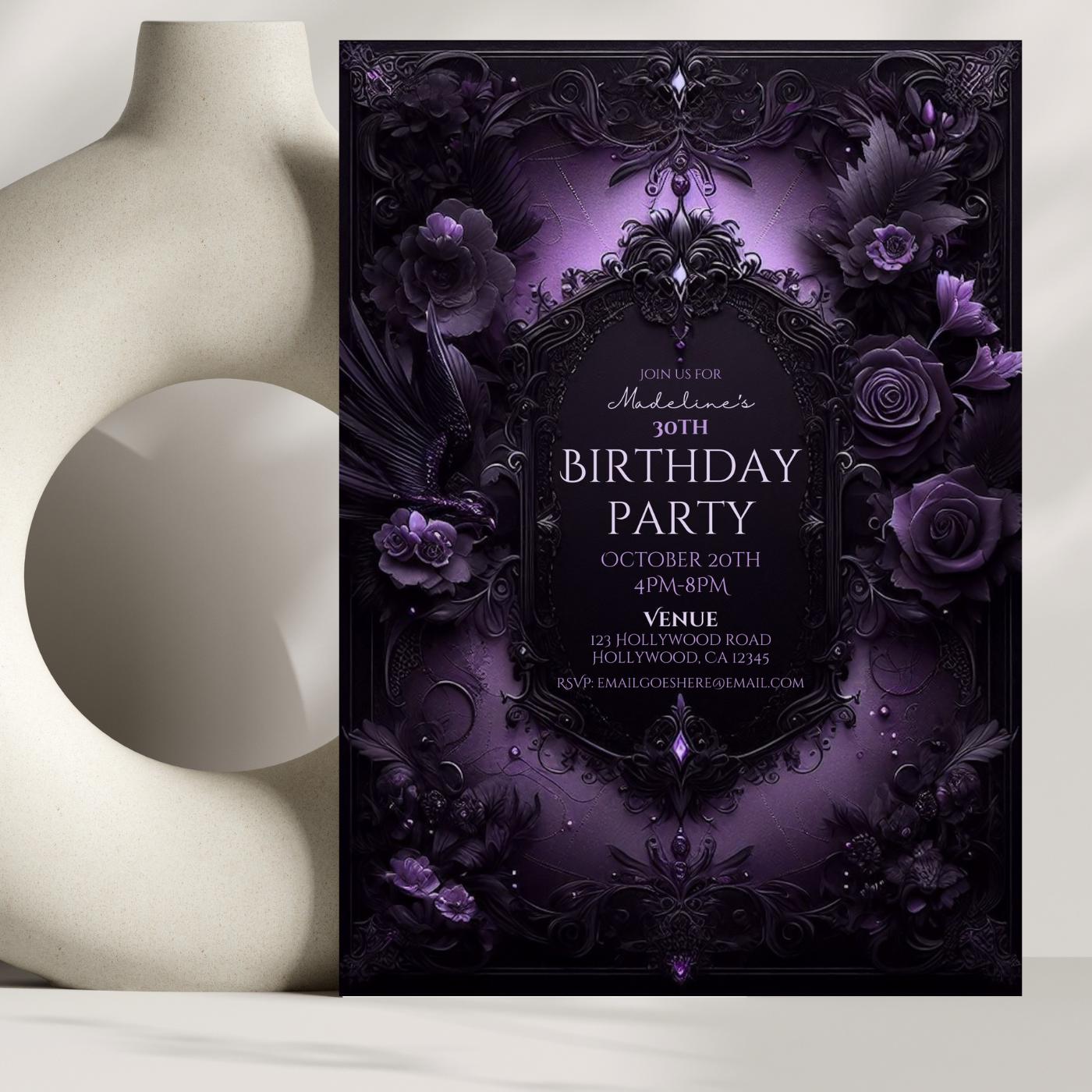 Black and Purple Gothic Floral Invitation, Gothic Birthday ...