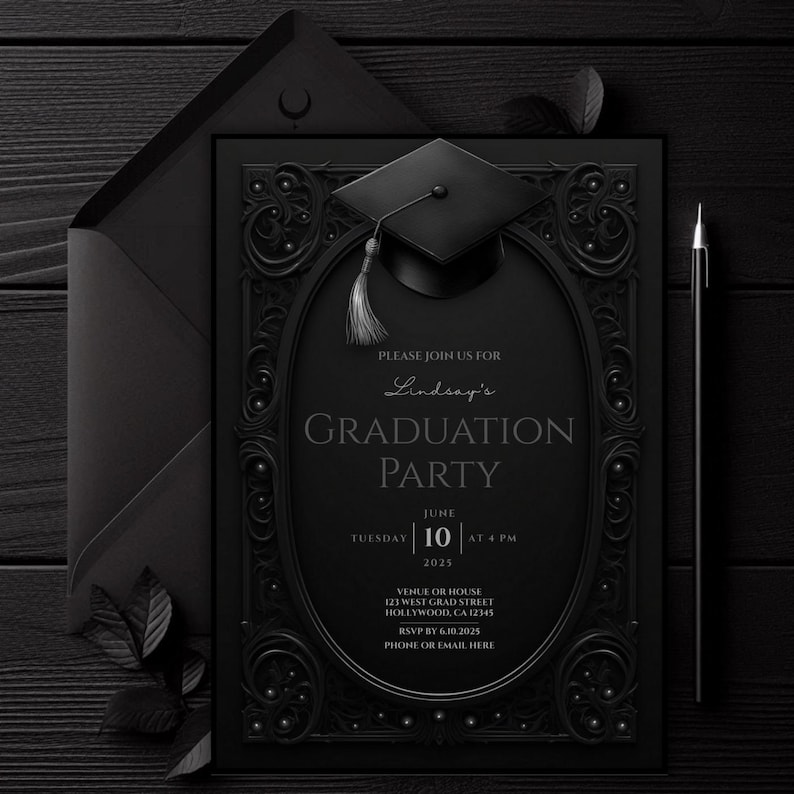 Editable All Black Graduation Party Invitation, Printable Dark ...