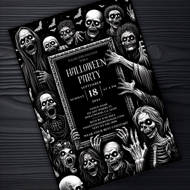 Editable Horror Zombie Halloween Party Invitation, Classic Zombies ...