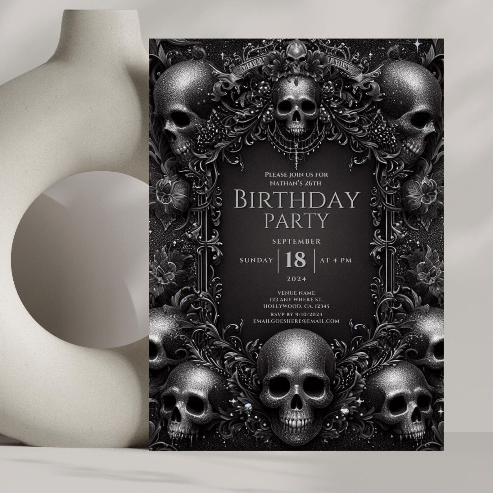 Dark Elegant Skull Birthday Party Invitation | Dark Gothic Invite ...
